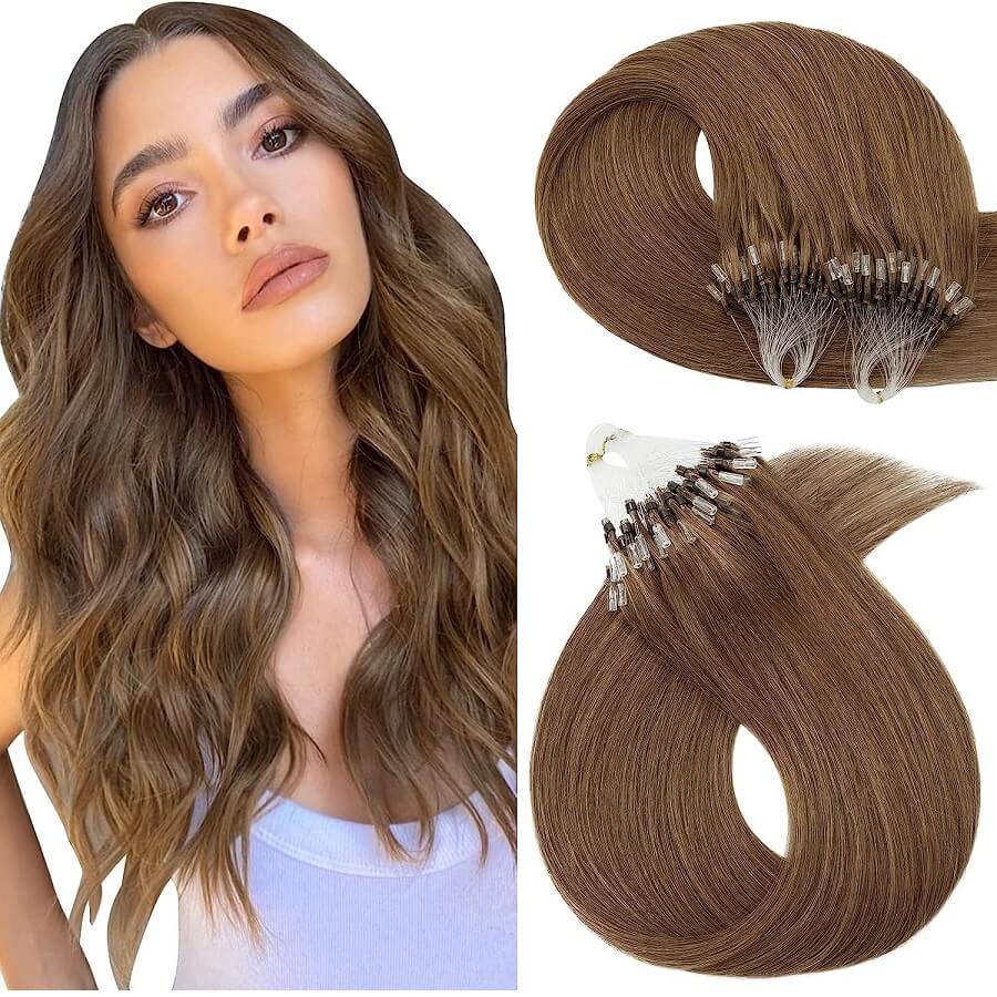 Micro Ring Loop Hair Extensions Φυσική Τρίχα Remy Μεσαίο Καστανό No 6 ...