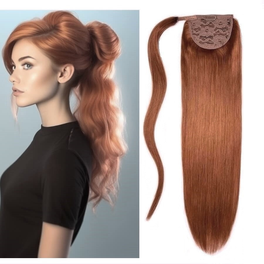 Ponytail Extensions Φυσική Τρίχα Wrap Around With Clips Χάλκινο Κόκκιν ...